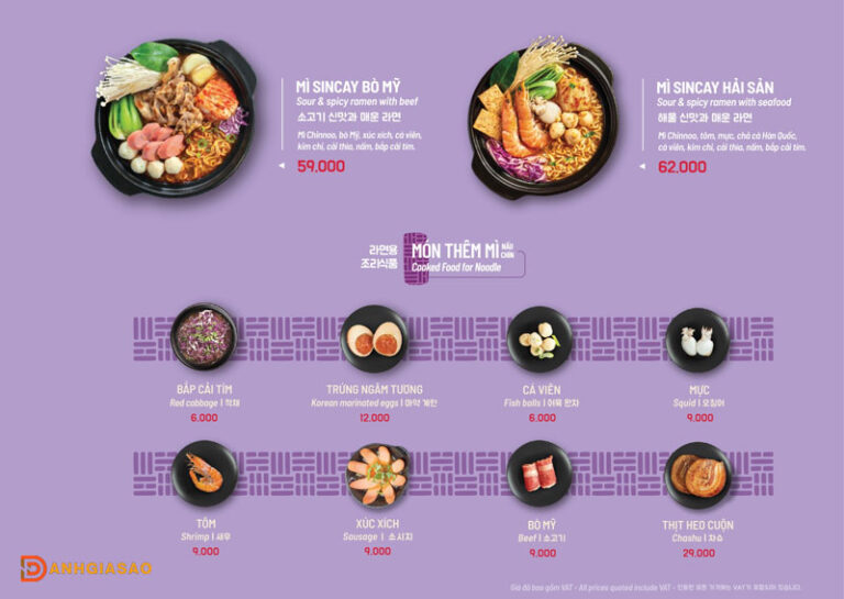 Menu mì cay Sasin Đà Nẵng - Mì cay ngon chuẩn vị xứ kim chi