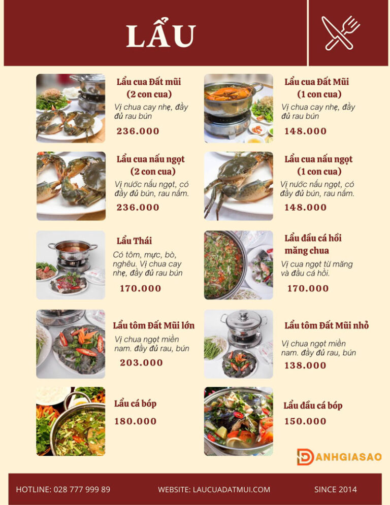 Lẩu Cua Đất Mũi menu - Thưởng thức bữa tiệc món cua hấp dẫn