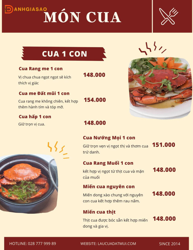 Lẩu Cua Đất Mũi menu - Thưởng thức bữa tiệc món cua hấp dẫn