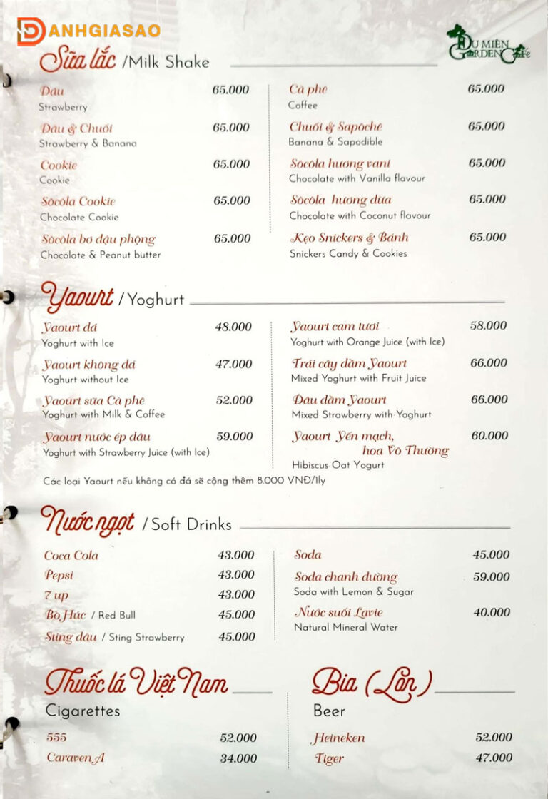 Du Miên Garden Cafe menu - Góc nhỏ bình yên giữa lòng Sài Gòn
