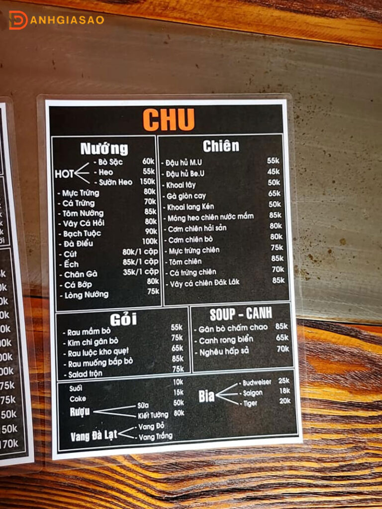 Menu quán nướng Chu Đà Lạt - Nghệ thuật nướng đặc sắc